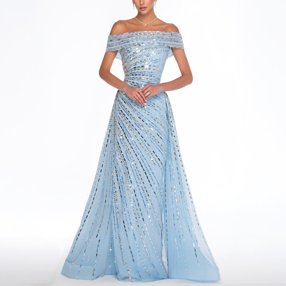 Dusty Blue Fitted Gown With Asymmetrical Off Shoulder by TONY WARD ...