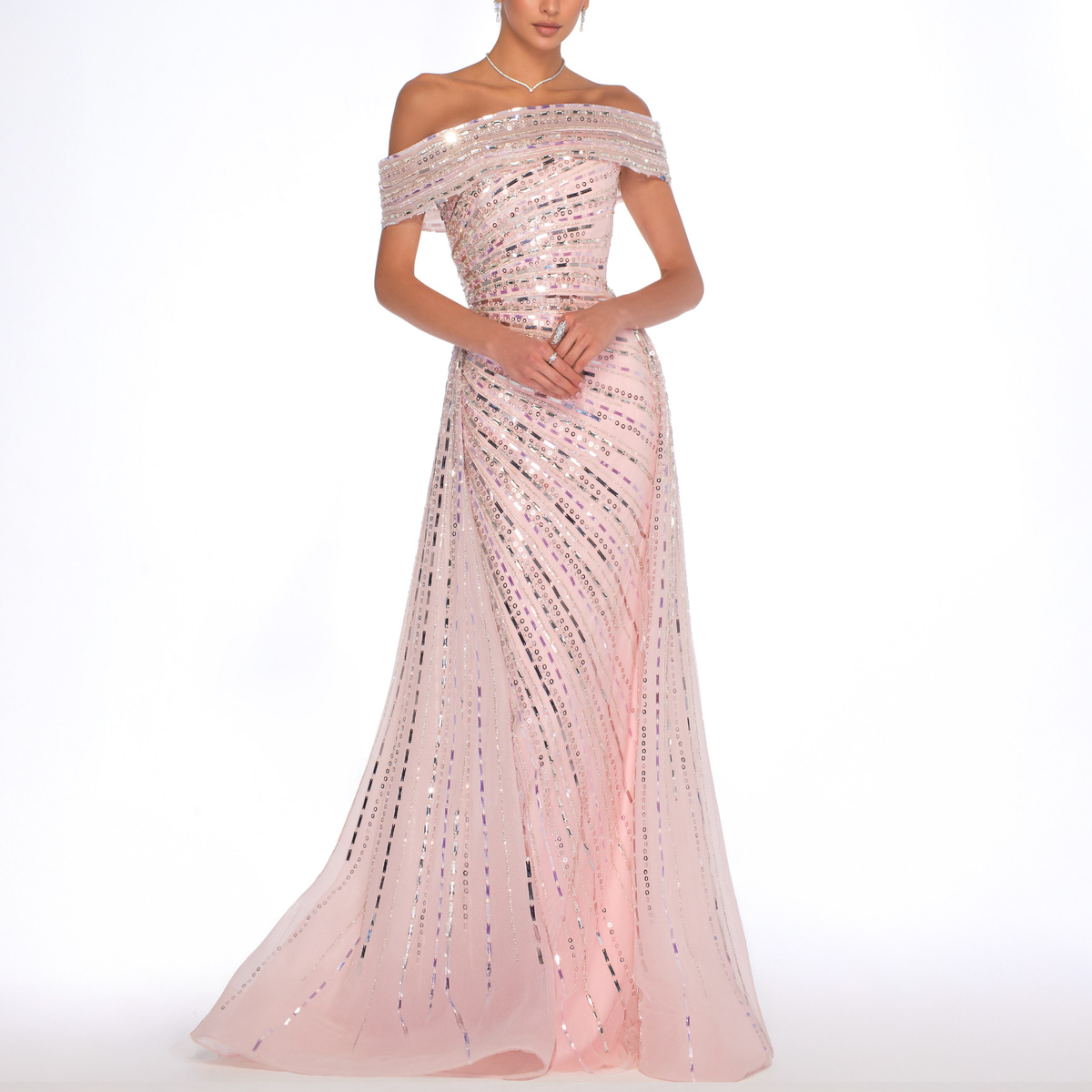Old Rose Fitted Gown With Asymmetrical Off Shoulder by TONY WARD – Elilhaam