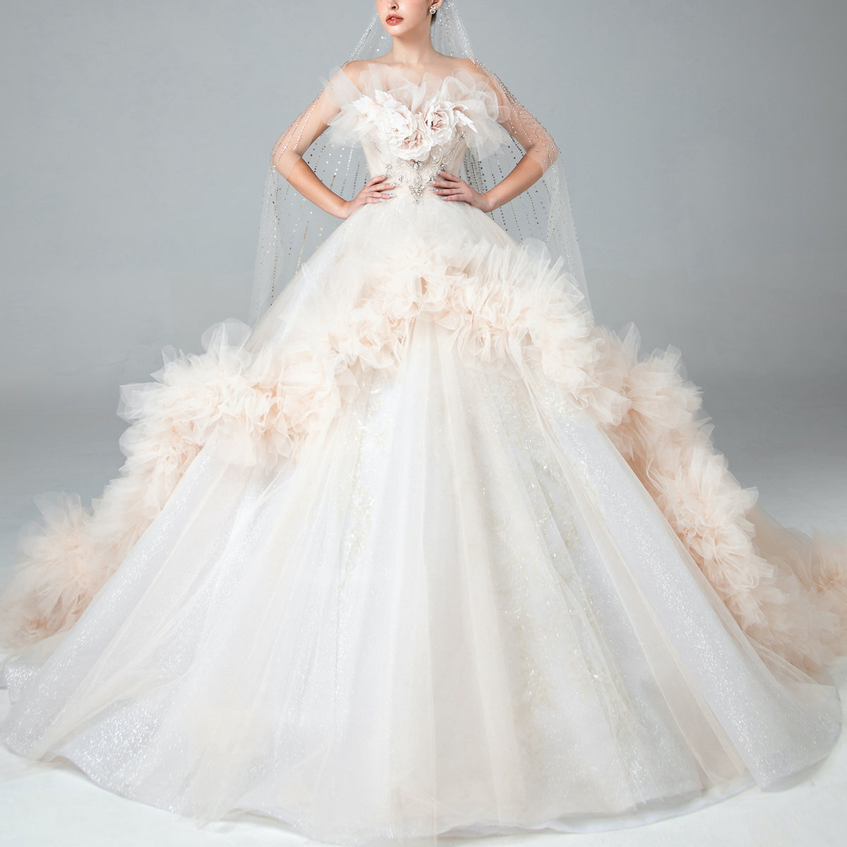 Ball Gown With Ruffled Tulle And Floral Bust Detail By Joli Poli ...