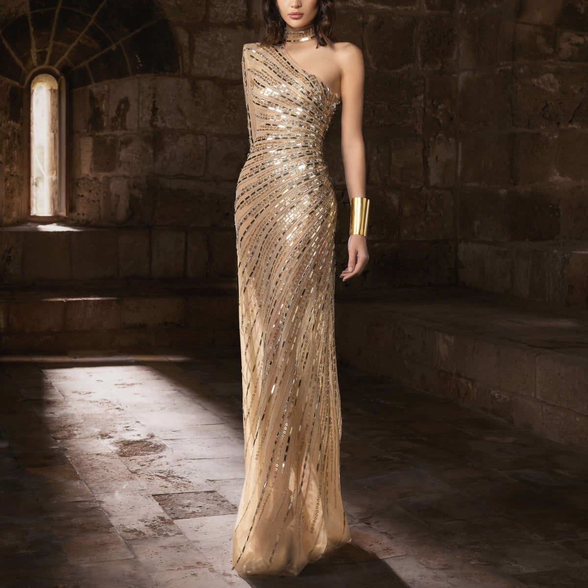 Asymmetrical One Shoulder Fitted Silver Gown by TONY WARD – Elilhaam