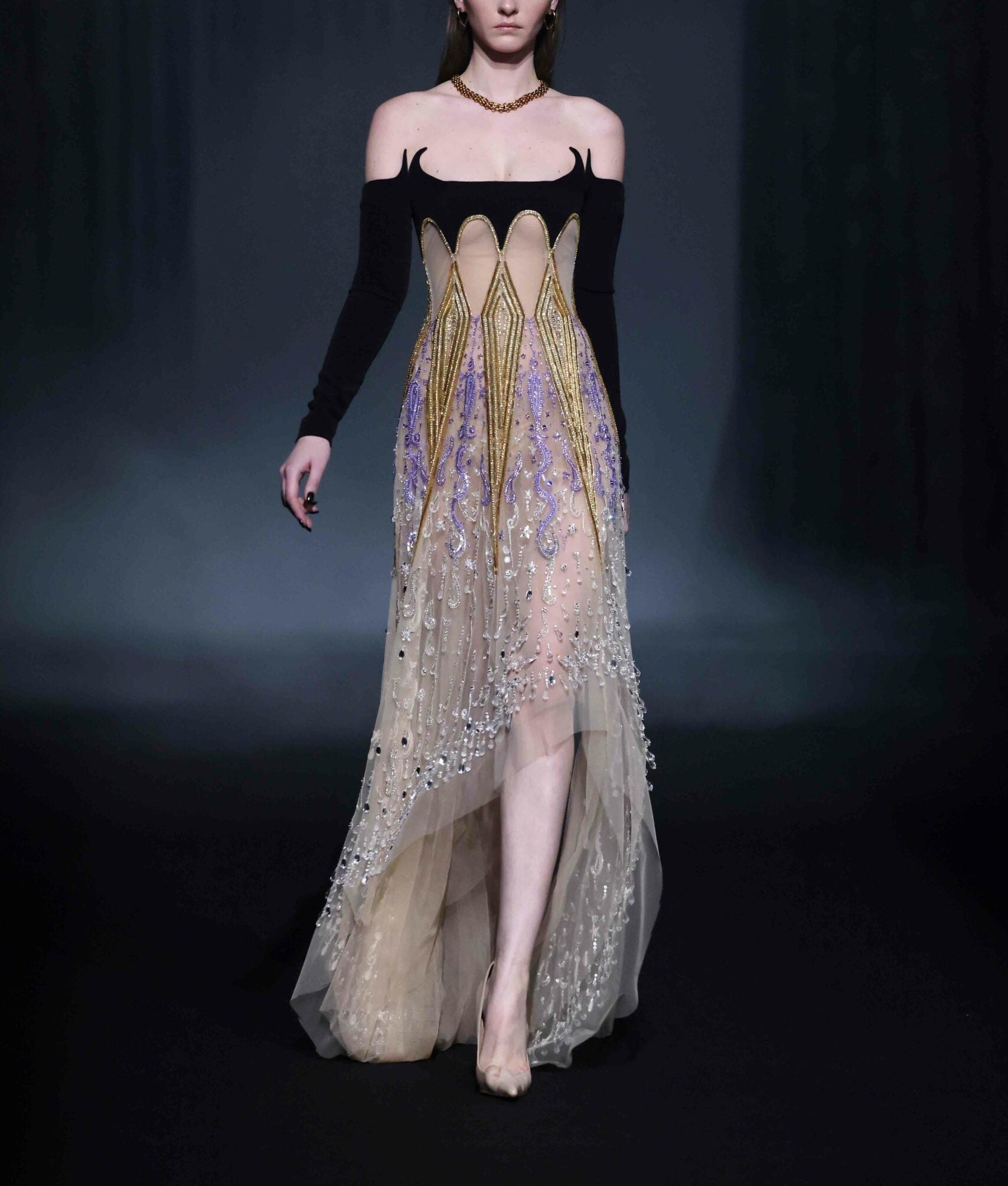 Beaded Tulle Dress in Crepe Bust And Sleeves by Georges Hobeika – Elilhaam